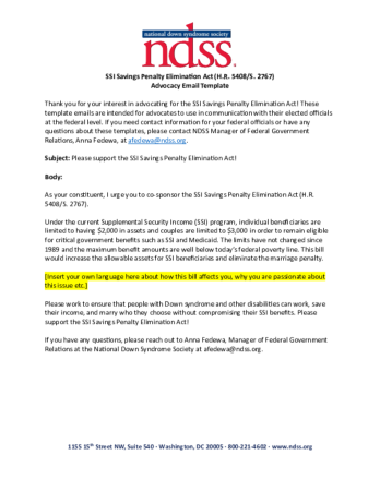 SSI Savings Penalty Elimination Act Toolkit | National Down Syndrome Society (NDSS)